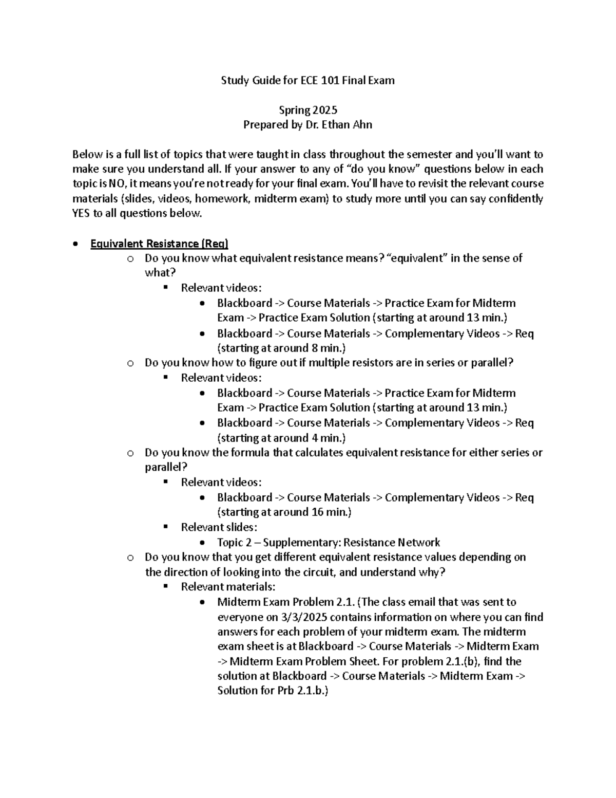 Study Guide for ECE 101 Final Exam - Comprehensive Topics Overview ...