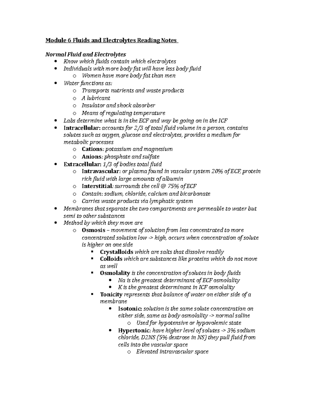 Module 6 Fluids and Electrolytes Reading Notes - 45 NS (1/ NS), used to ...