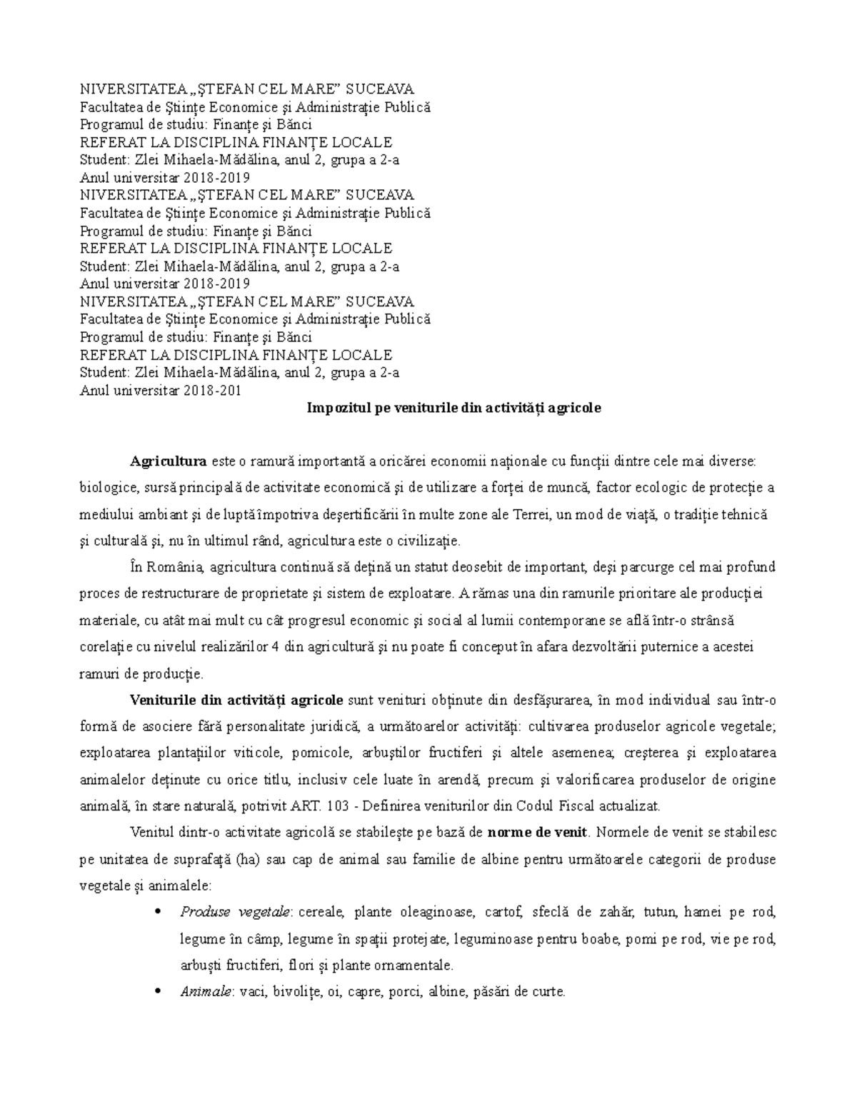 Impozitul pe venituri din activitati agricole - Economie - UniBuc - Studocu