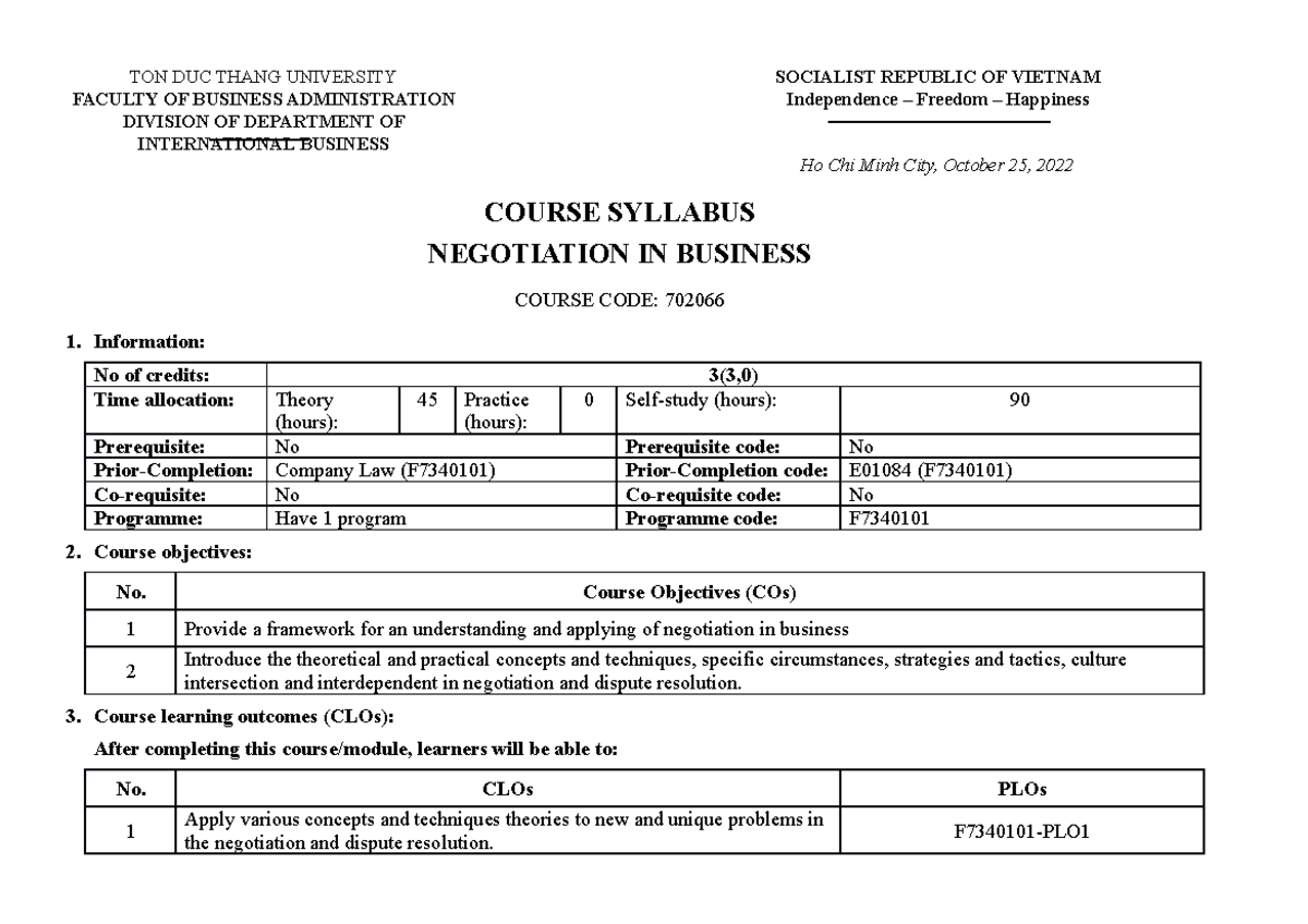 Syllabus-Negotiation in Business - TON DUC THANG UNIVERSITY SOCIALIST ...
