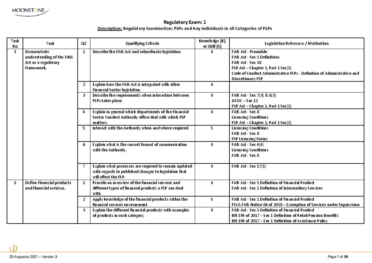 FSCA Moonstone FAIS Qualifying Criteria for Key Individual (KI ...