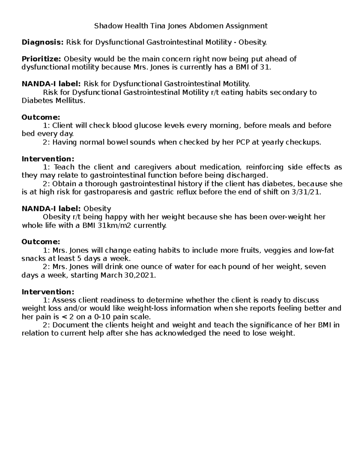 Shadow Health Tina Jones Abdomen Assignment: Obesity & GI Motility ...