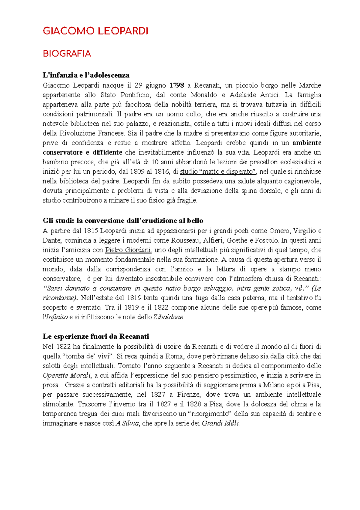 Letteratura Italiana da Leopardi - GIACOMO LEOPARDI BIOGRAFIA L ...