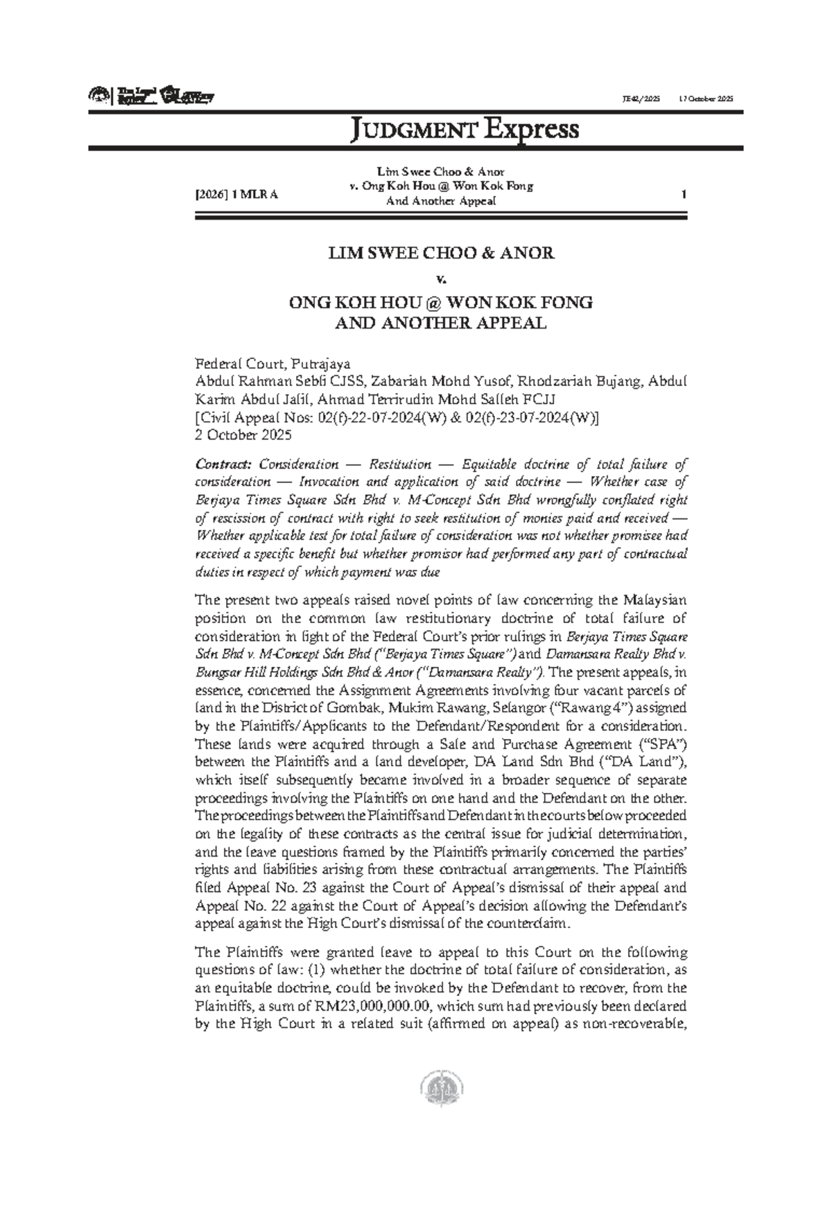 1 MLRA Lim Swee Choo Anor v. Ong Koh Hou Won Kok Fong Appeal Analysis ...