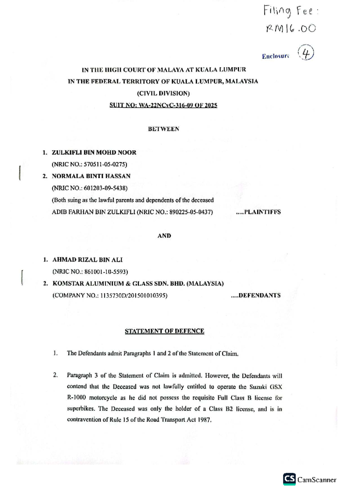 Statement of Defense: Zulkifli & Normalah v. Ahmad Rizal & Komstar ...