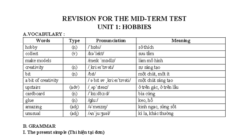 Revision for the Mid-Term Test (ENG101) - Vocabulary & Grammar - Studocu