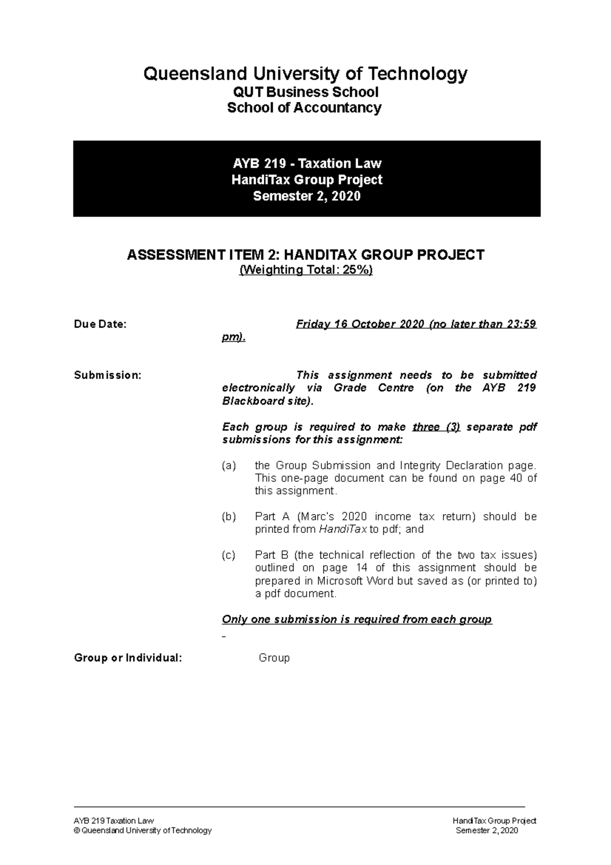 AYB 219 Final Assignment - HandiTax Group Project Overview, 2020 - Studocu