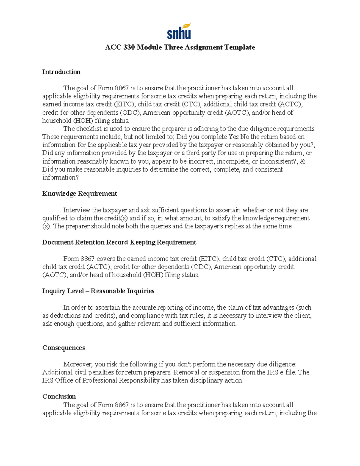 ACC 330 Module 3 Assignment: Understanding Form 8867 and Tax Credits ...