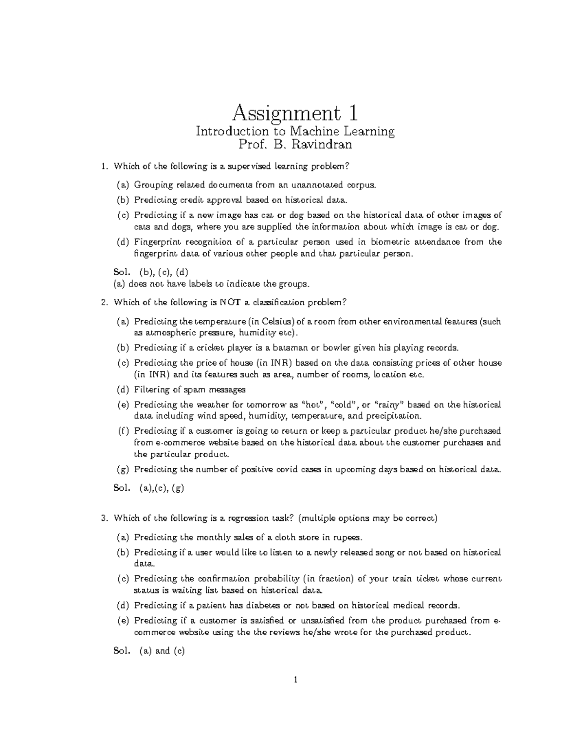 Assignment 1 Assignment 1 Introduction To Machine Learning Prof B Ravindran Which Of The