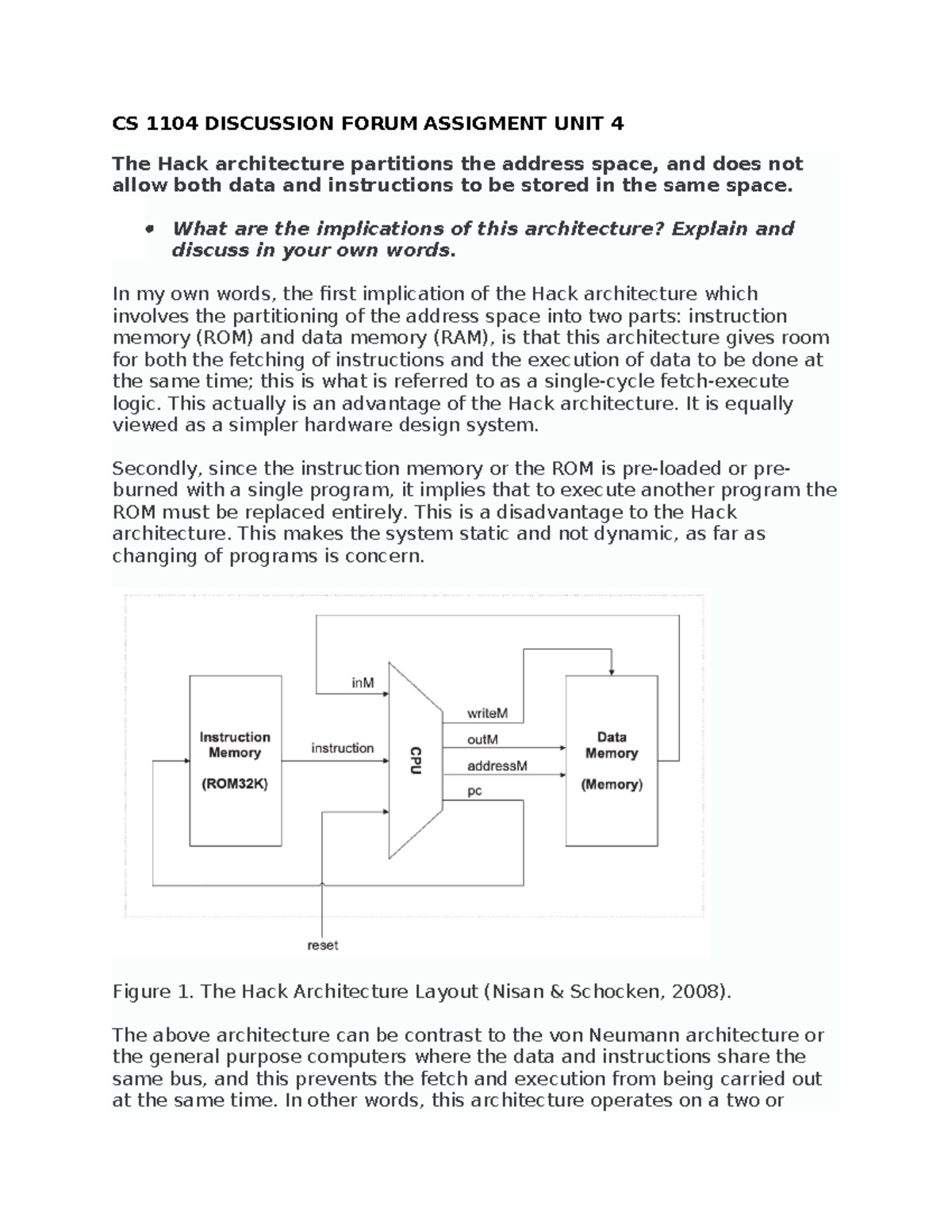 CS 1104 Discussion Forum Assignment Unit 5: Hack vs. RISC/CISC Architectures - Studocu