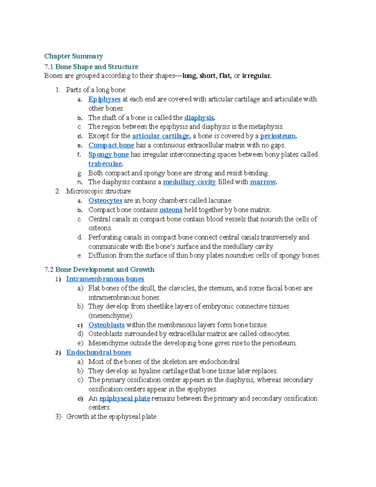 A&P ch. 7 skeletal system - Chapter Summary 7 Bone Shape and Structure ...