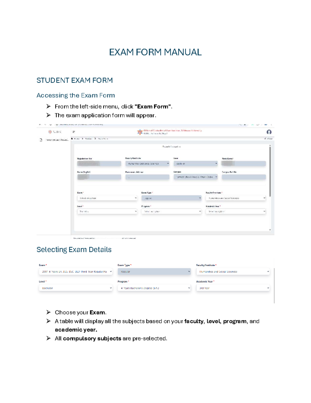 Student Exam Form Manual: Accessing and Selecting Exam Details - Studocu