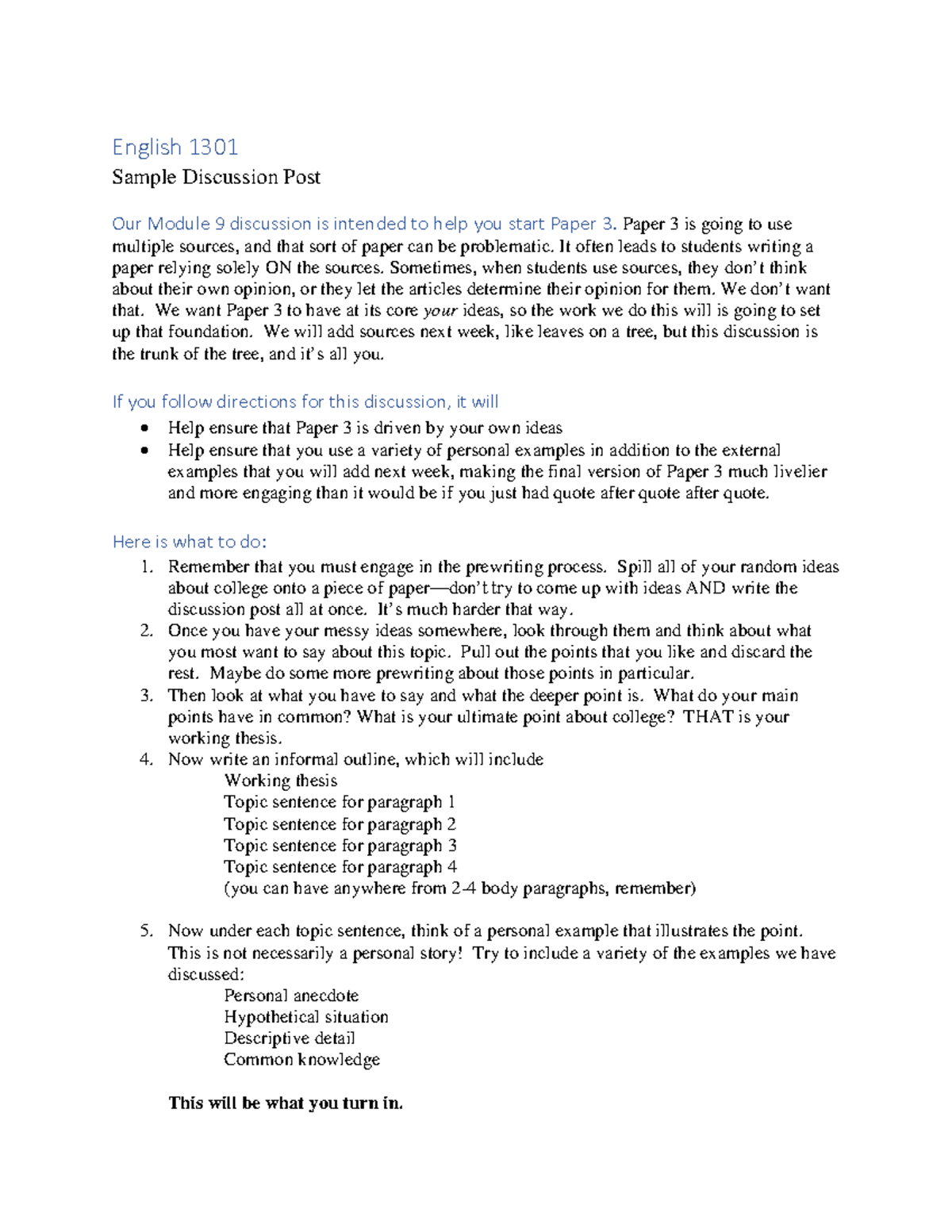 Sample Module 9 Discussion - English 1301 Sample Discussion Post Our ...