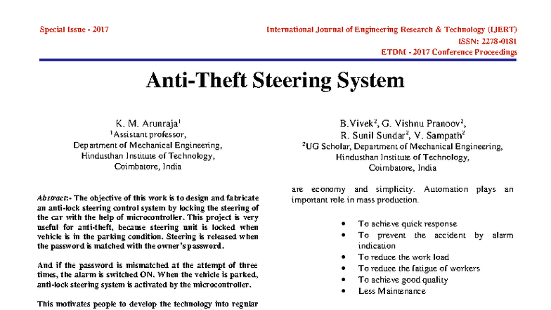 Anti-Theft Steering System Design - IJERT Conference 2017 - Studocu