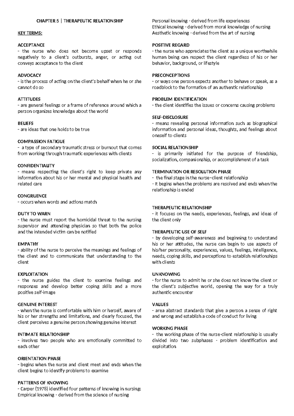Chapter 5: Key Terms in Therapeutic Relationships (NCM 1171) - Studocu