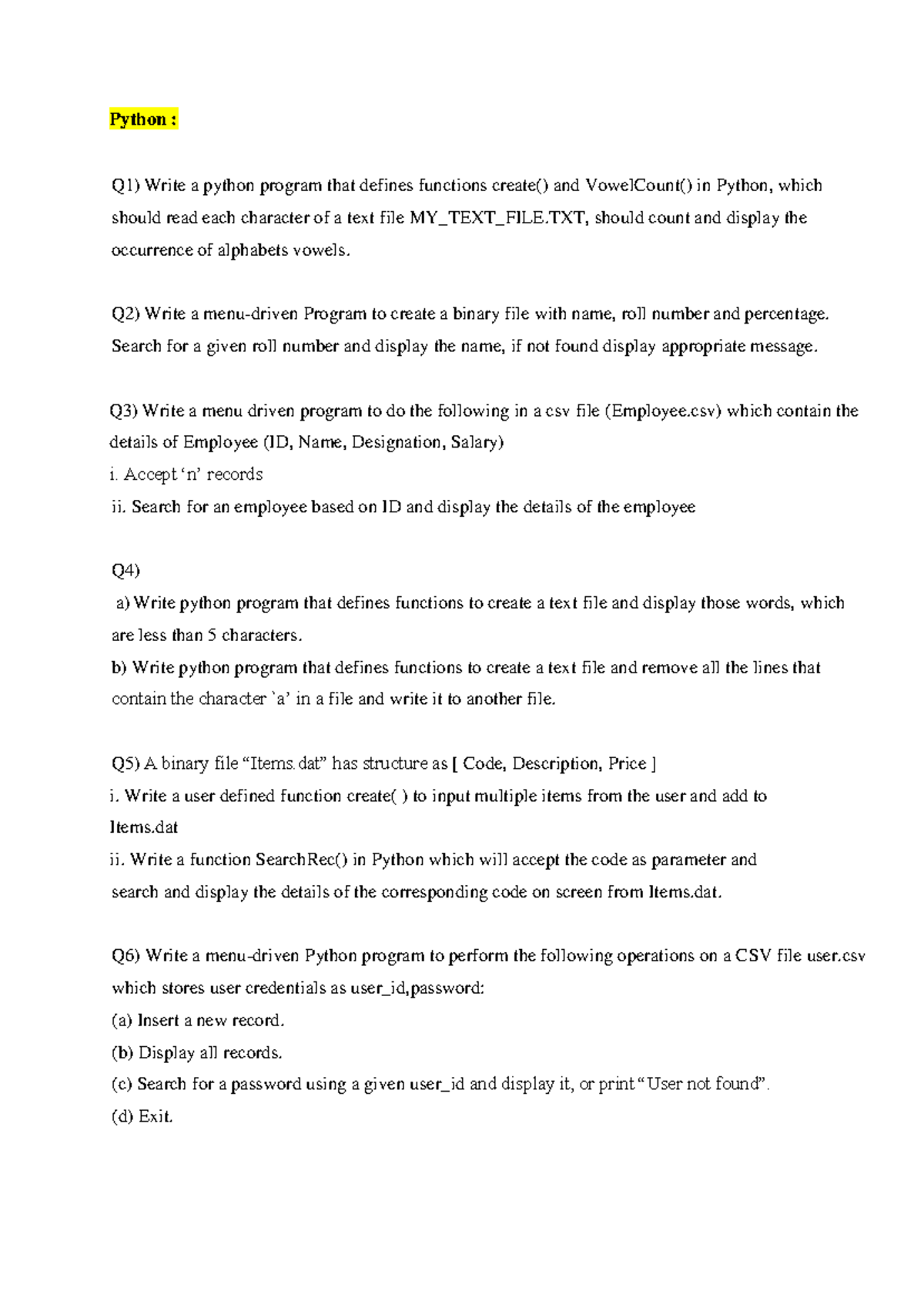 Python & SQL Programs: Practical Questions for CS Course - Studocu