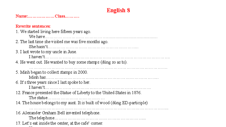 English 8 Sentence Rewrite Exercises and Practice - Studocu