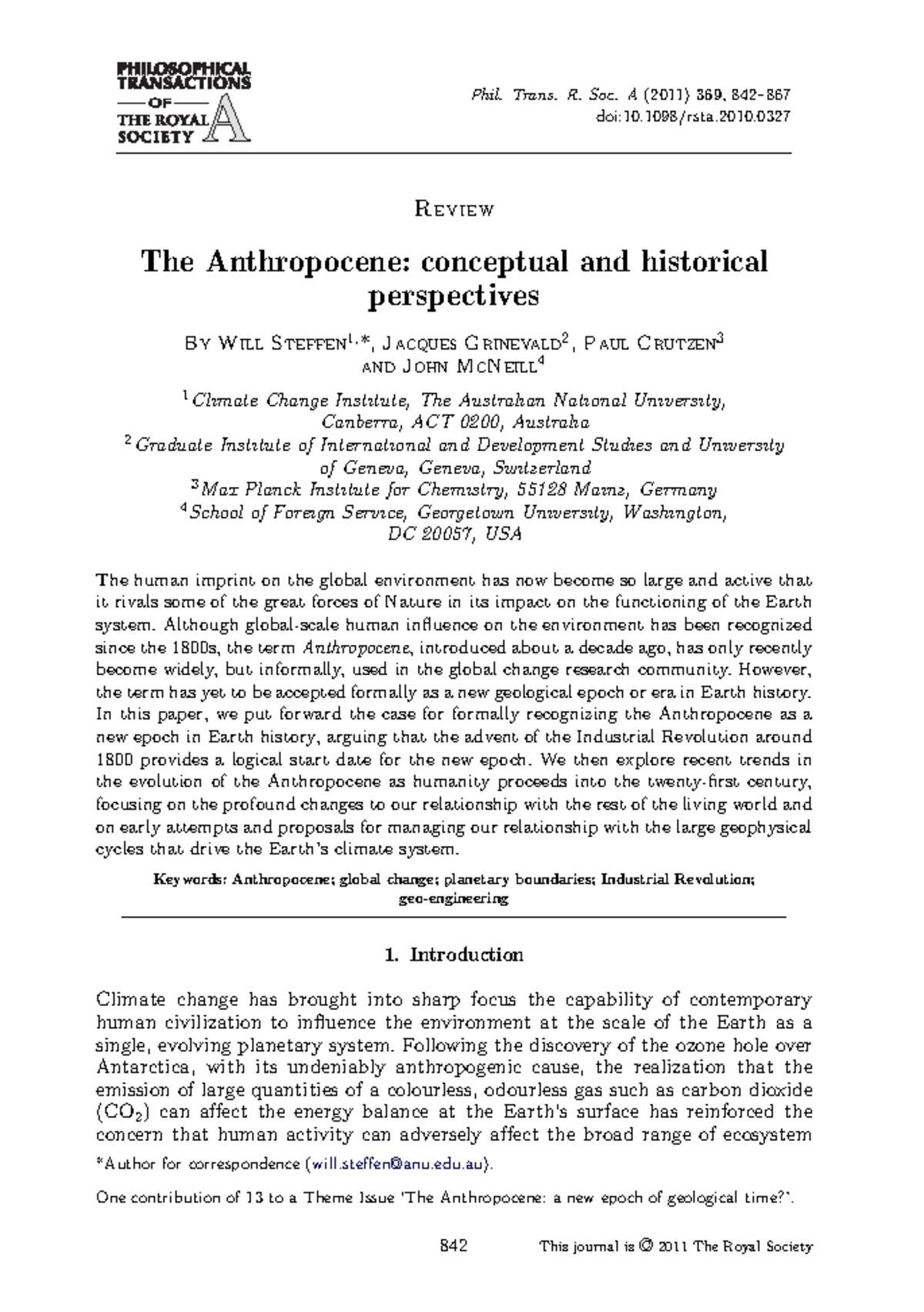 The Anthropocene: Exploring Human Impact on Earth's Systems (PHIL 2011 ...