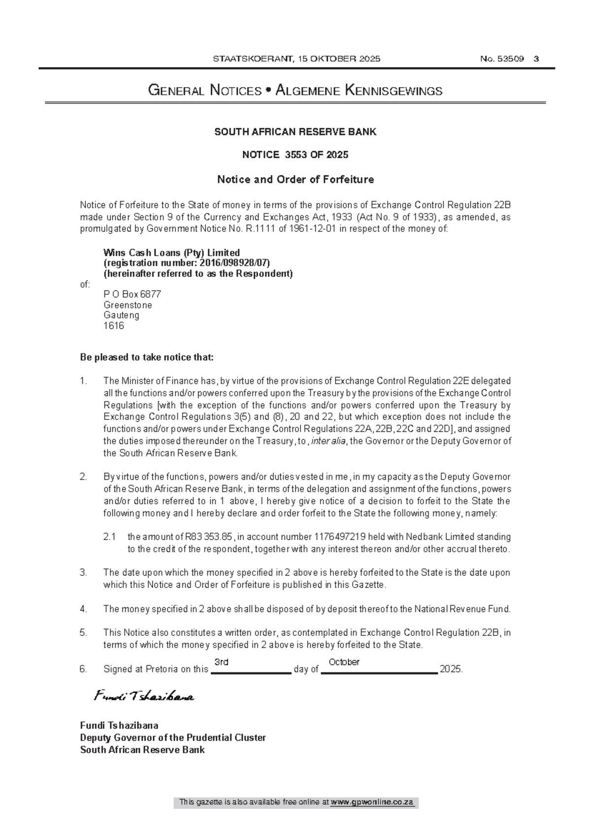 General Notice 3553 of 2025: Forfeiture Order by South African Reserve ...