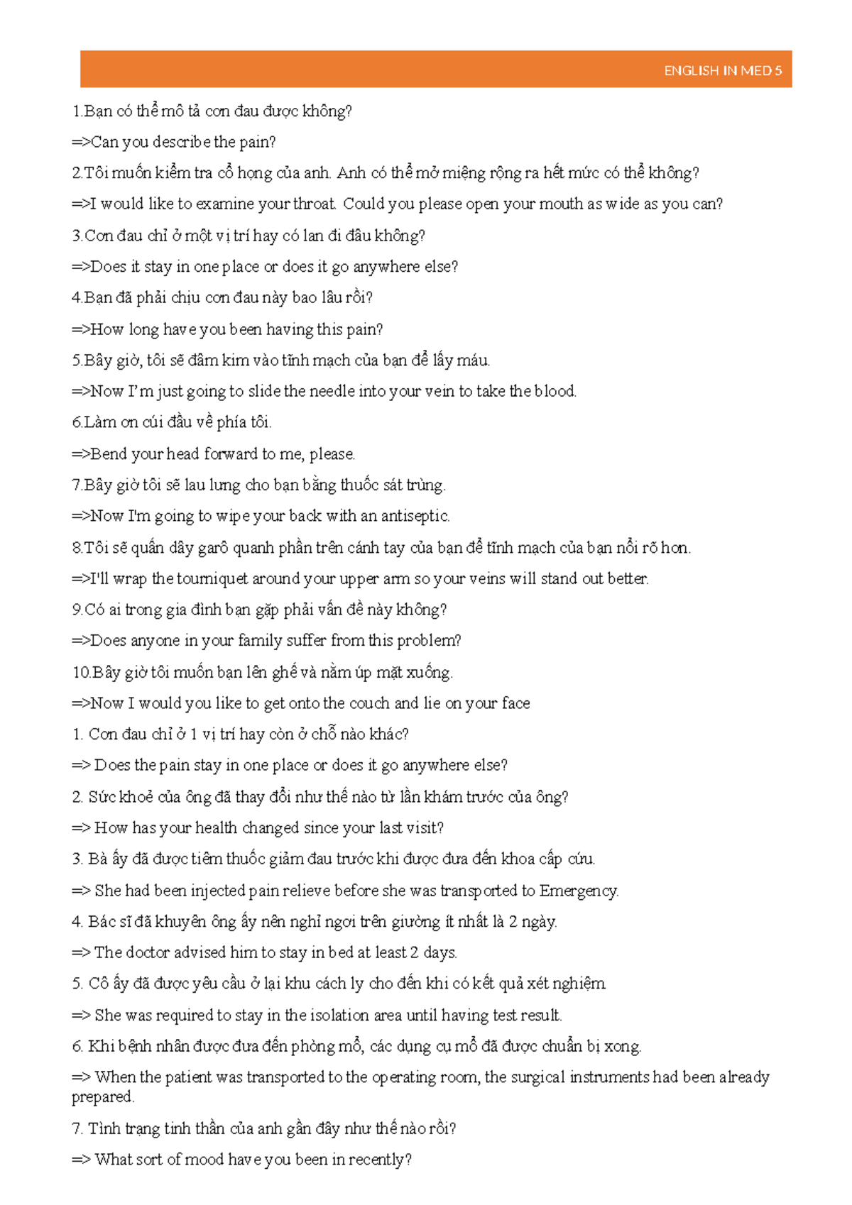 ENGLISH IN MED 5: Describing Pain and Medical Examination Phrases - Studocu