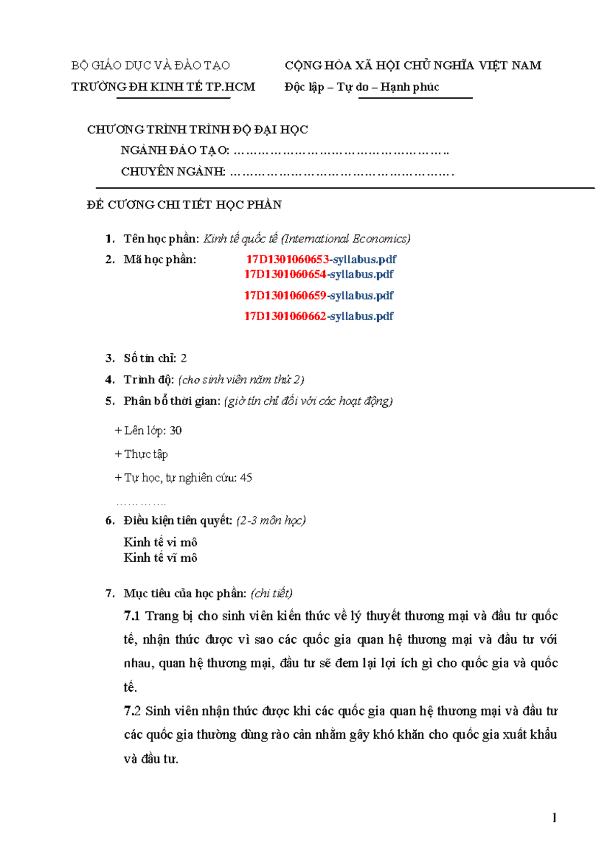 Syllabus Kinh Tế Quốc Tế 17D1301060659 - Studocu