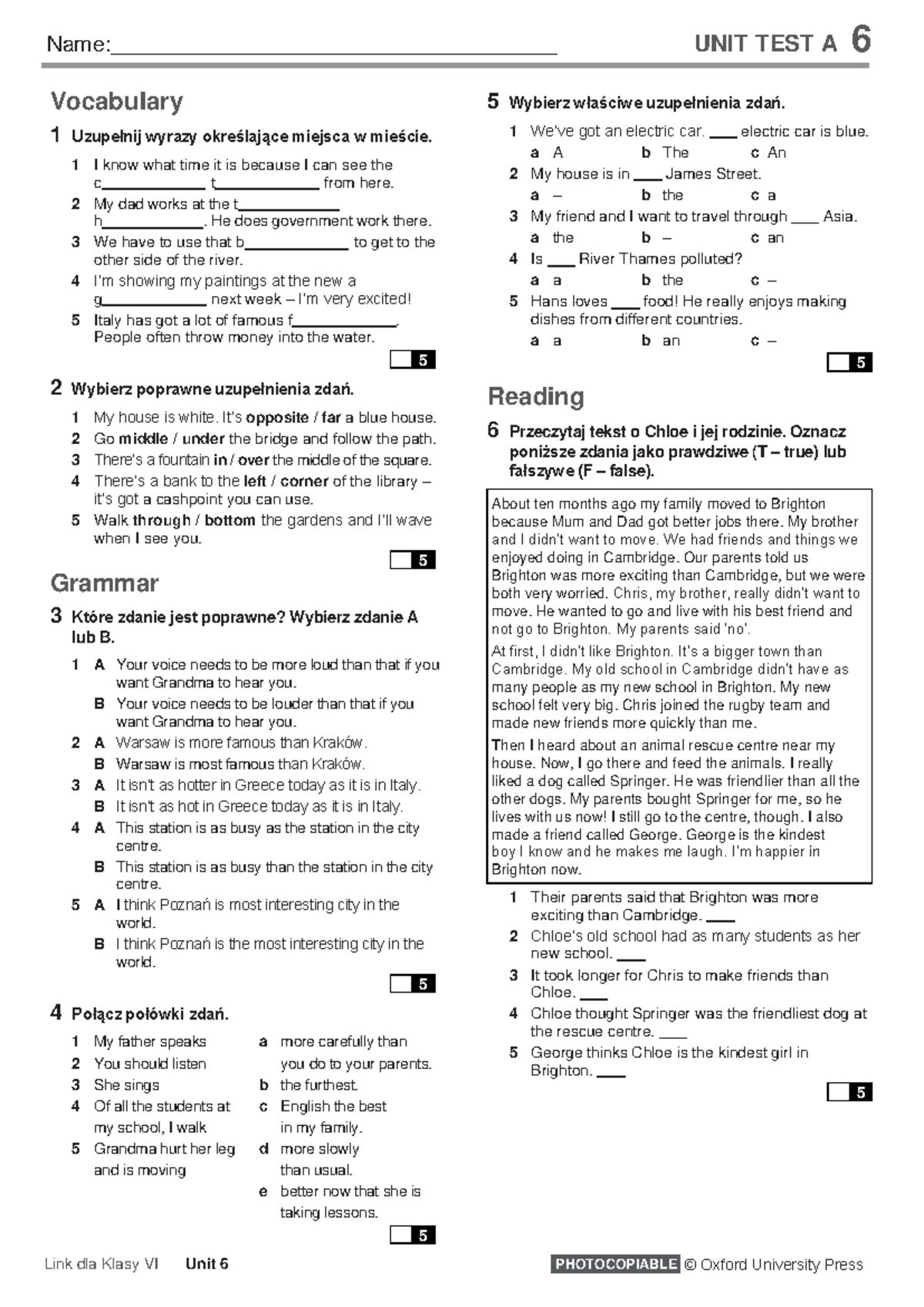 U6 Unit Test A: Vocabulary and Grammar Exercises for Class VI - Studocu
