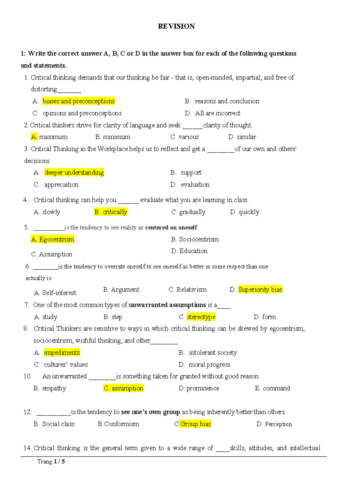 Critical Thinking Giữa Kỳ Revision: Answer Key & Patterns - Studocu