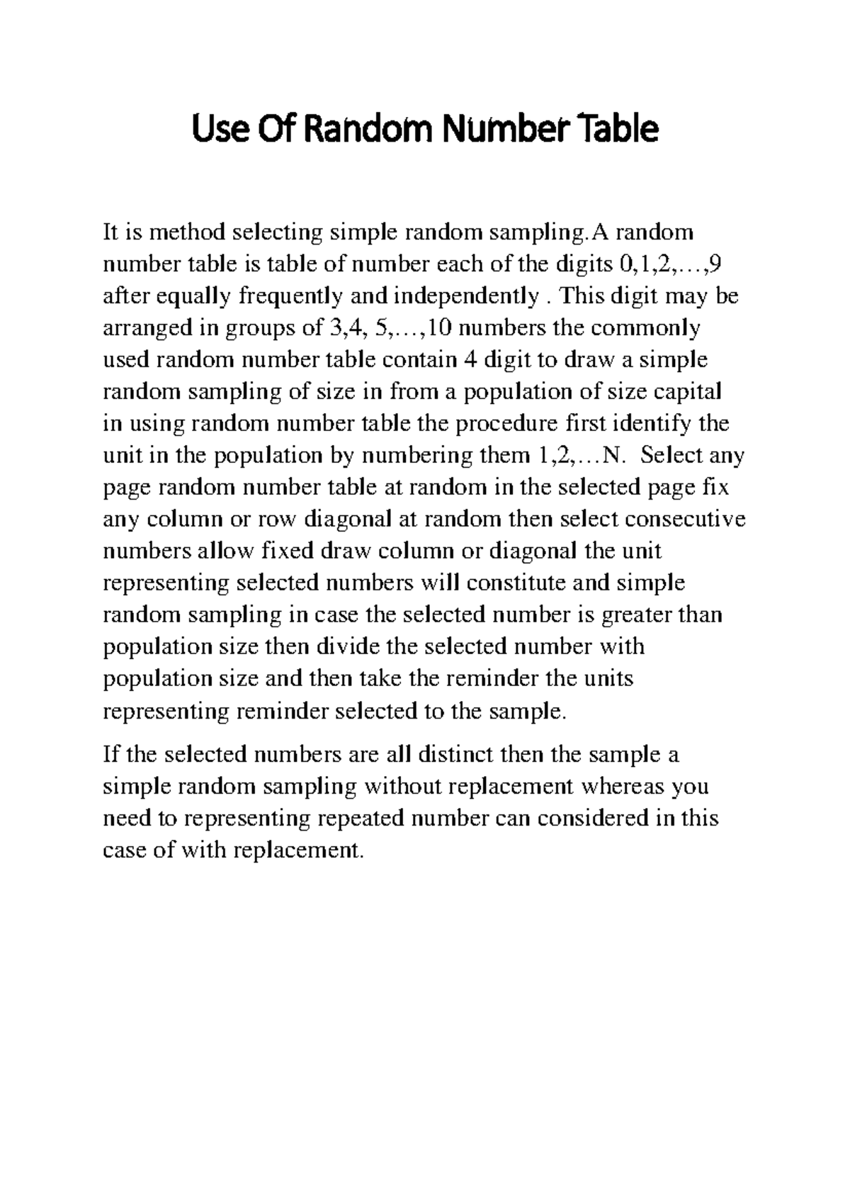Table Of Random Numbers Method