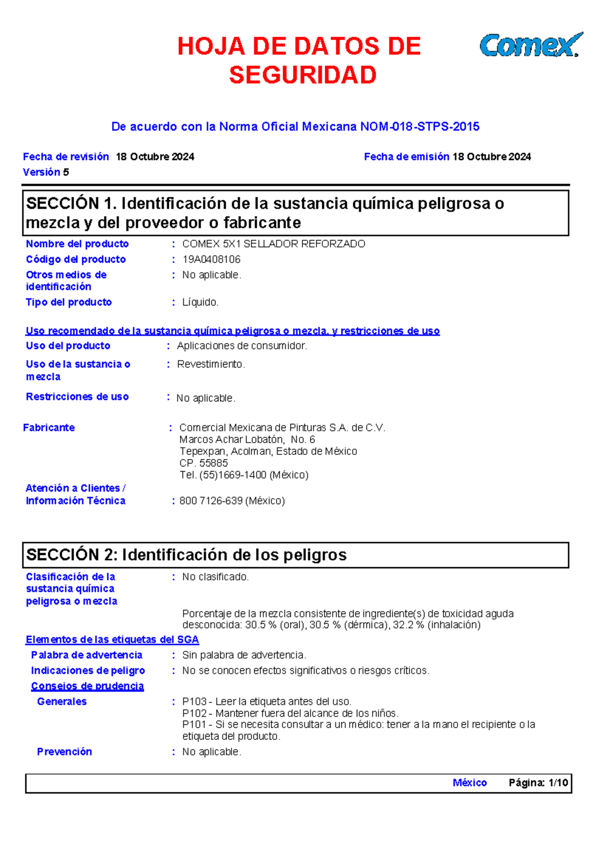 Hoja de Datos de Seguridad: COMEX 5X1 SELLADOR REFORZADO (19A0408106 ...