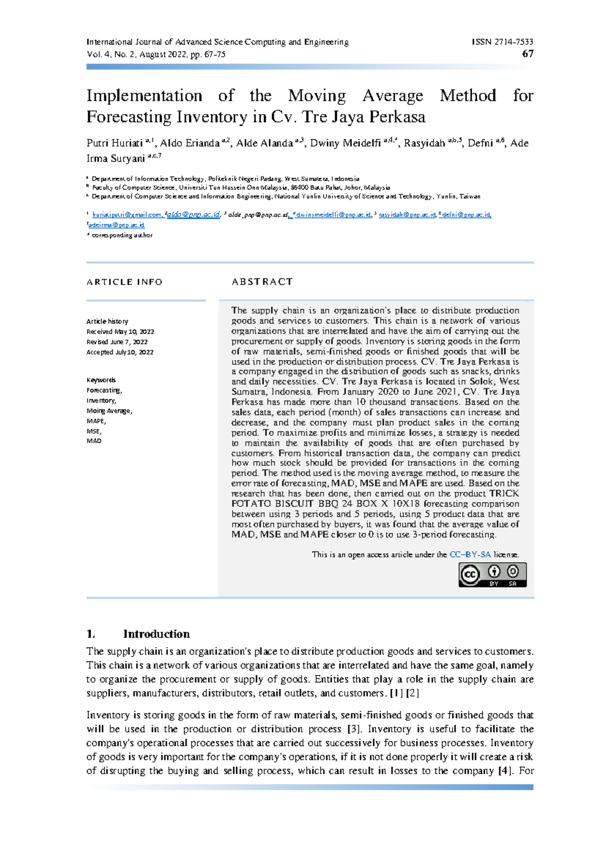 Implementation of Moving Average Method for Inventory Forecasting (IJA ...