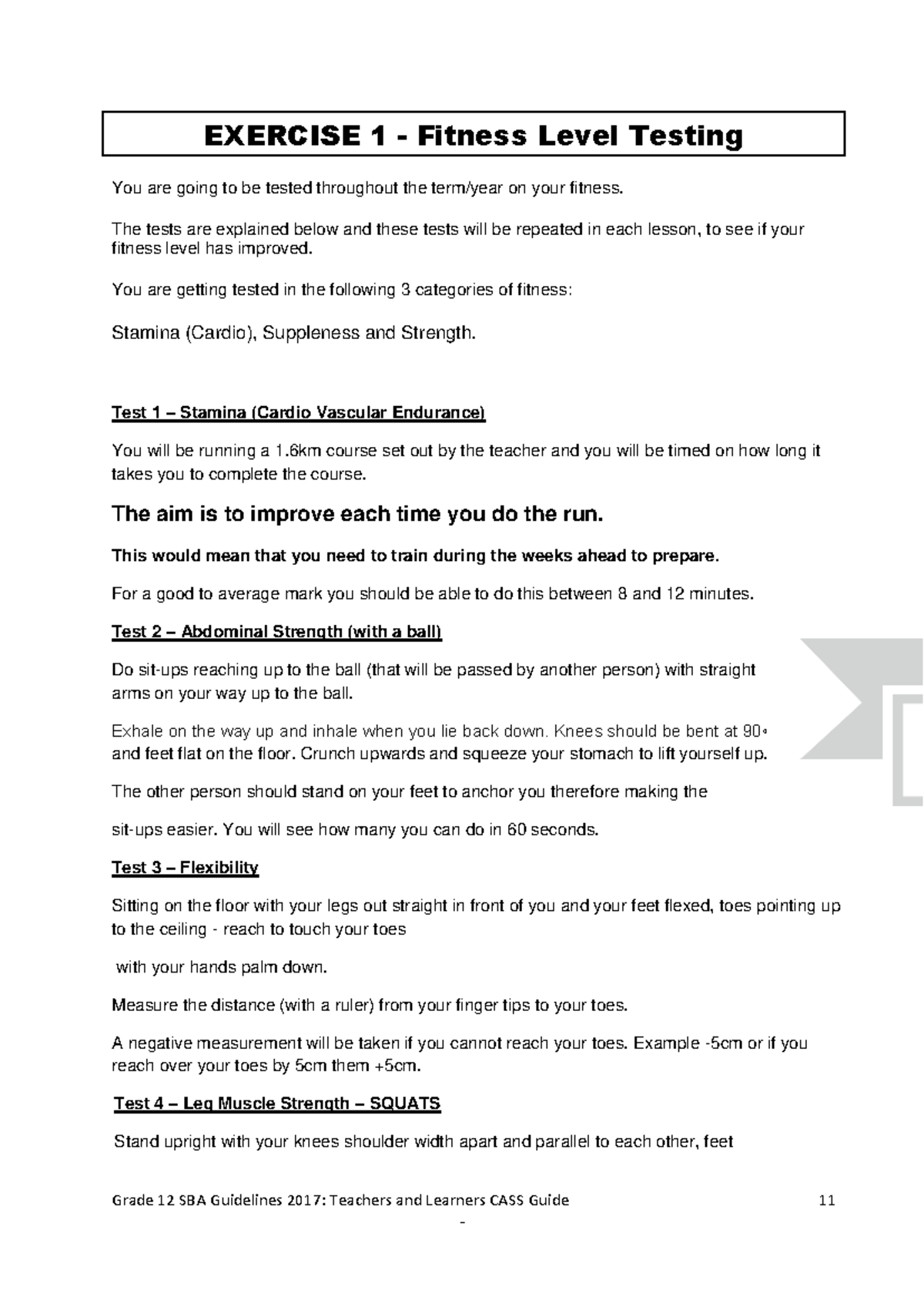 Grade 12 PE Fitness Level Testing: Exercise 1 Assessment Guide - Studocu