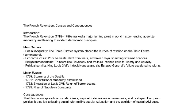 French Revolution: Causes, Events & Consequences Overview - Studocu