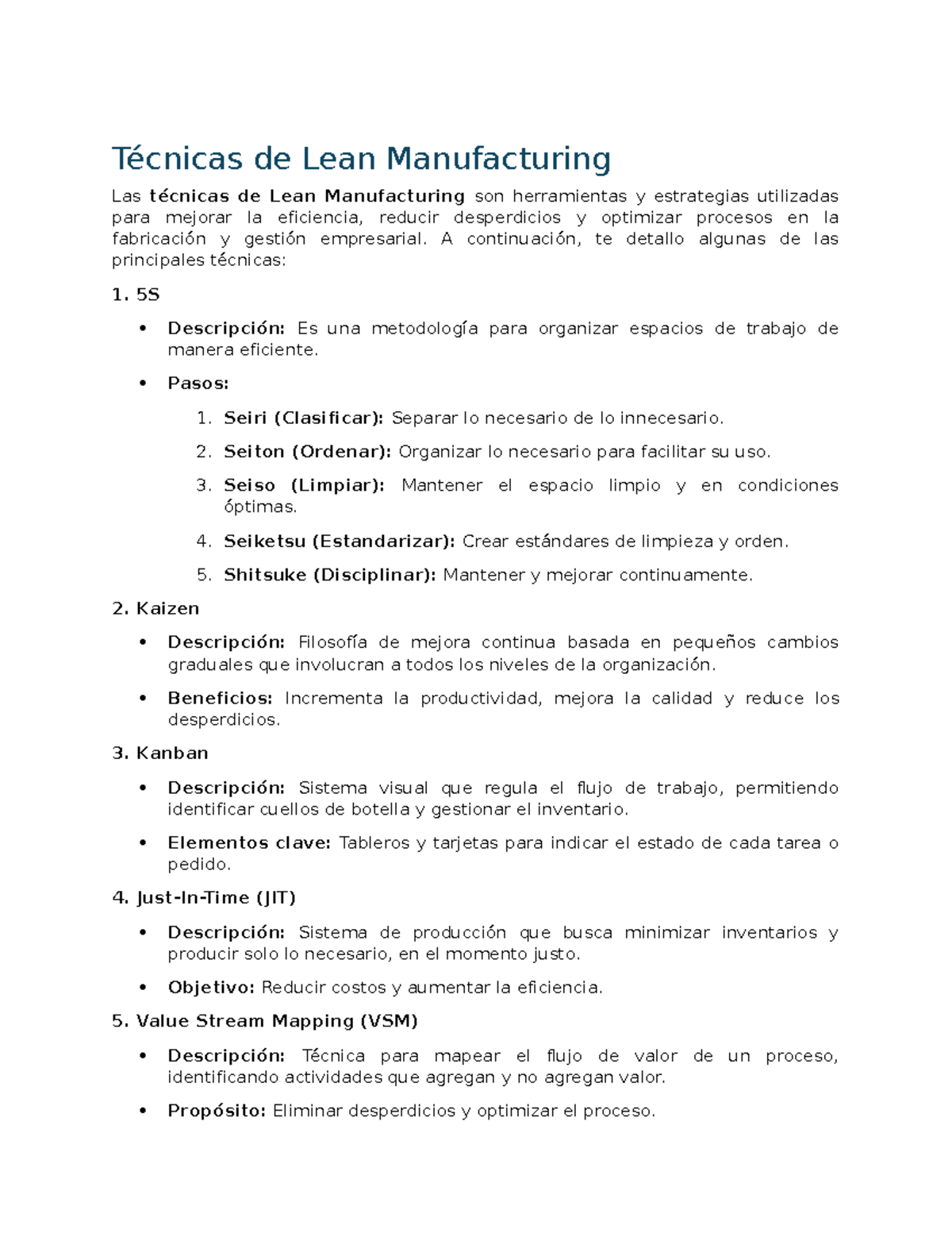 Tecnicas de Lean Manufacturing - A continuación, te detallo algunas de las principales técnicas ...