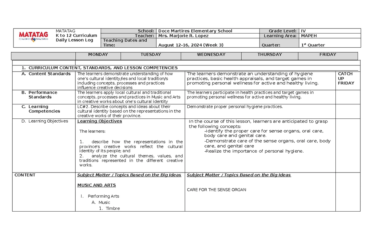 G5 Q1 W2 Daily Lesson Log: English (Matatag Curriculum) - Studocu