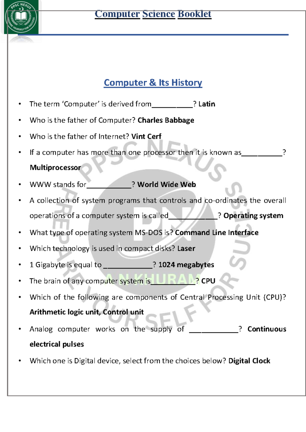 Computer Science Booklet: Key Concepts and MCQs for PPSC Exam - Studocu