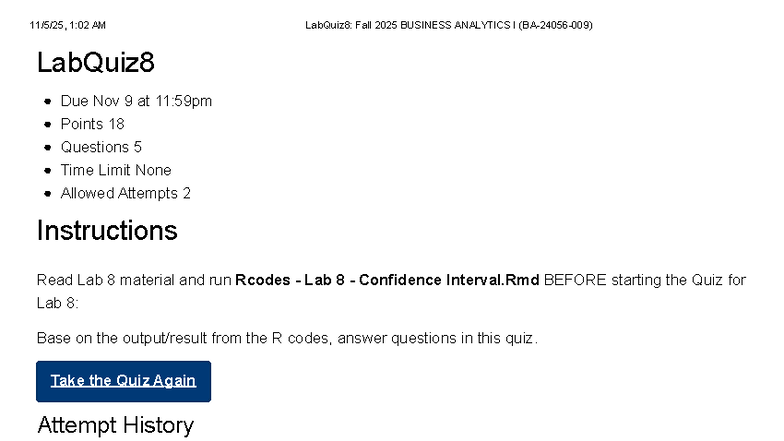 Lab Quiz 8: Confidence Intervals in Business Analytics I (BA-24056-009) - Studocu
