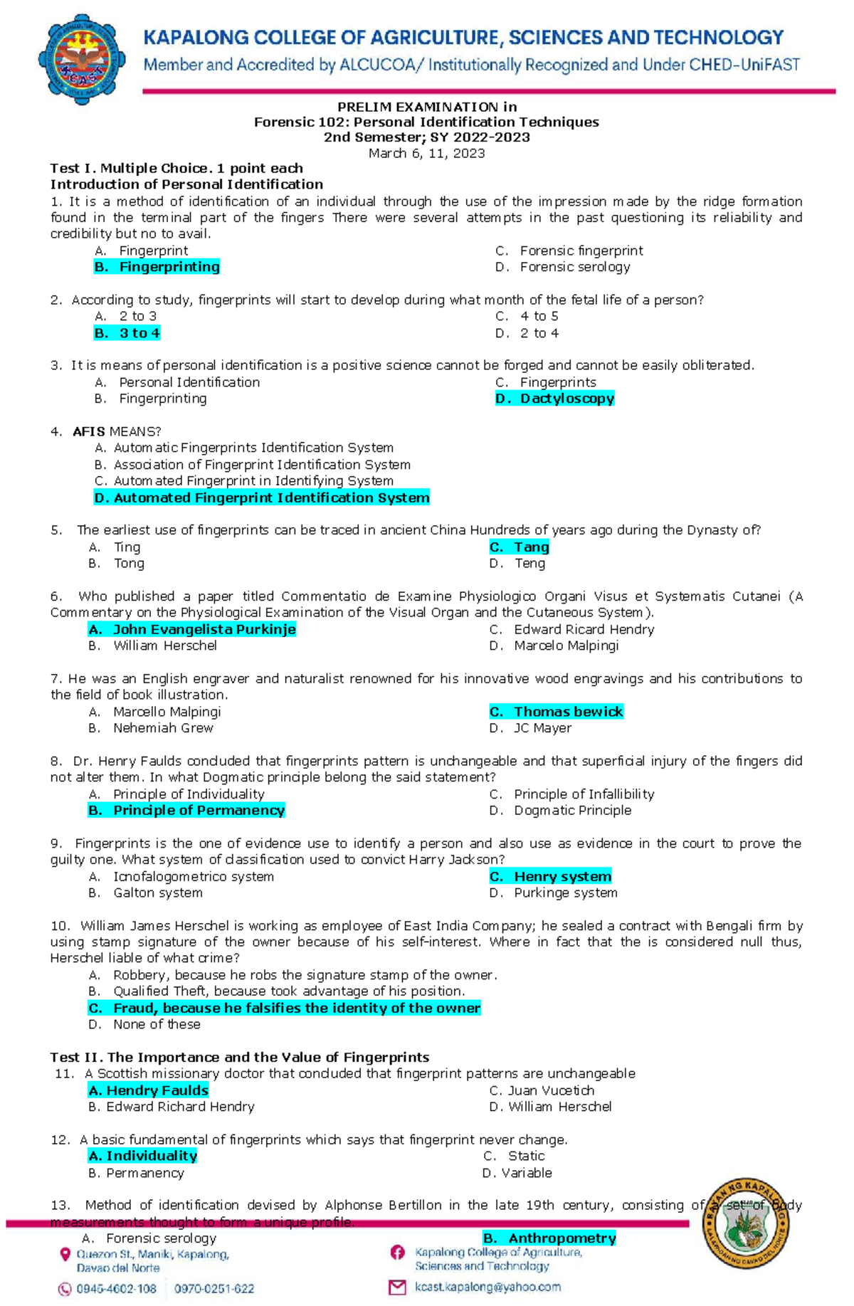 PRELIM EXAM in Forensic 102: Personal Identification Techniques - Studocu
