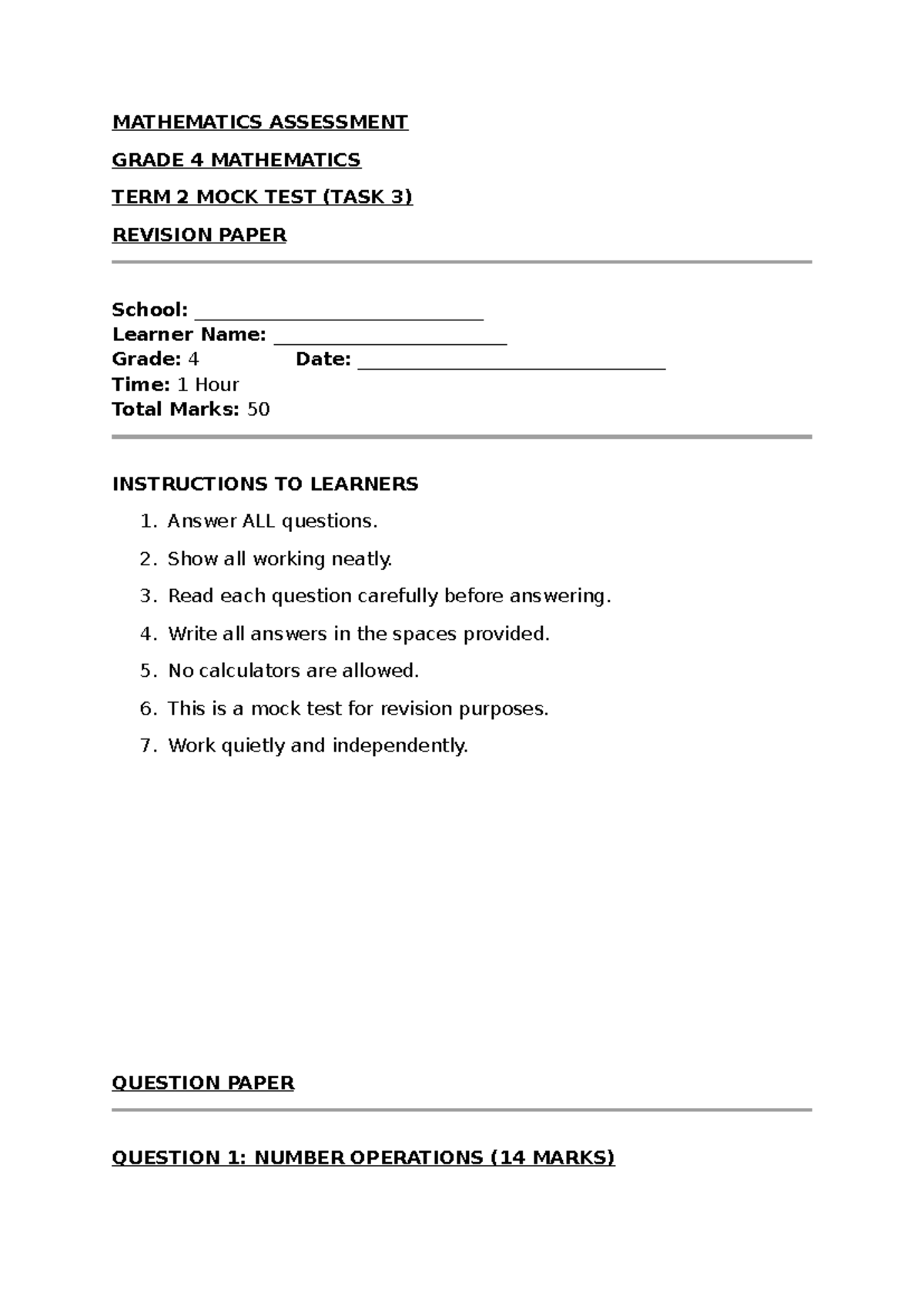 MATHEMATICS GRADE 4 TERM 2 MOCK TEST REVISION PAPER - Studocu
