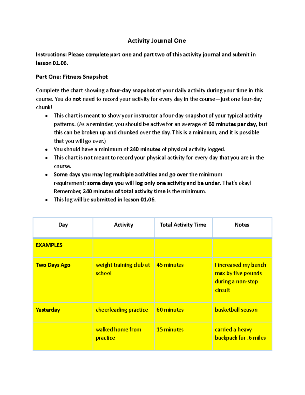Activity Journal 01: Fitness Snapshot & Commitment Devices - Studocu