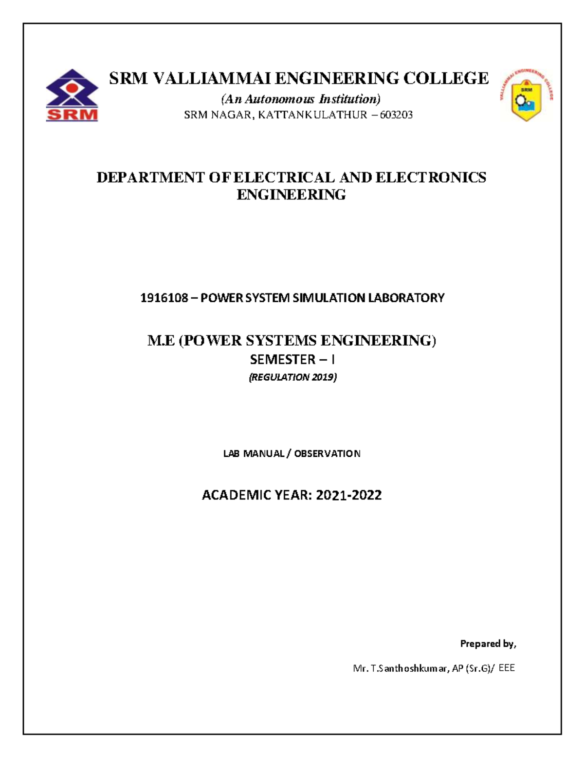 Lab Manual - 1916108 Power System Simulation Laboratory - Studocu