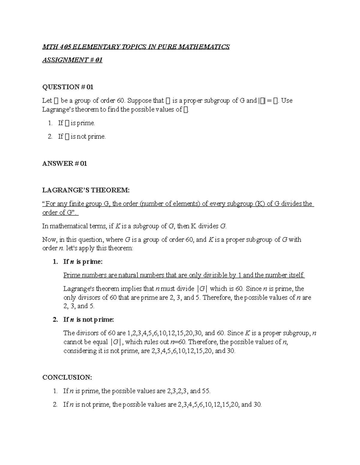 MTH 405 Assignment #01: Exploring Lagrange’s Theorem in Group Theory - Studocu