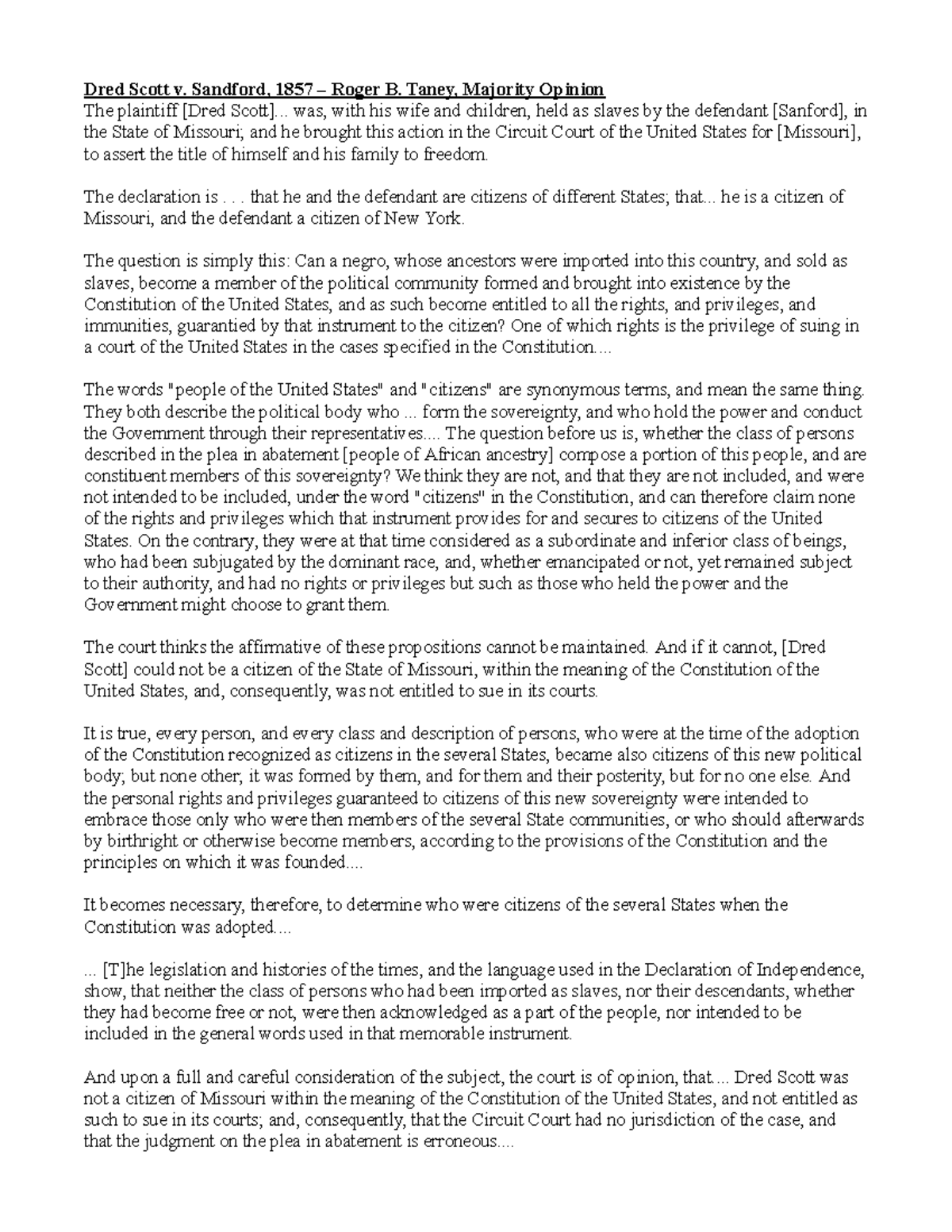 Dred Scott v. Sandford, 1857: Majority Opinion Analysis - Studocu