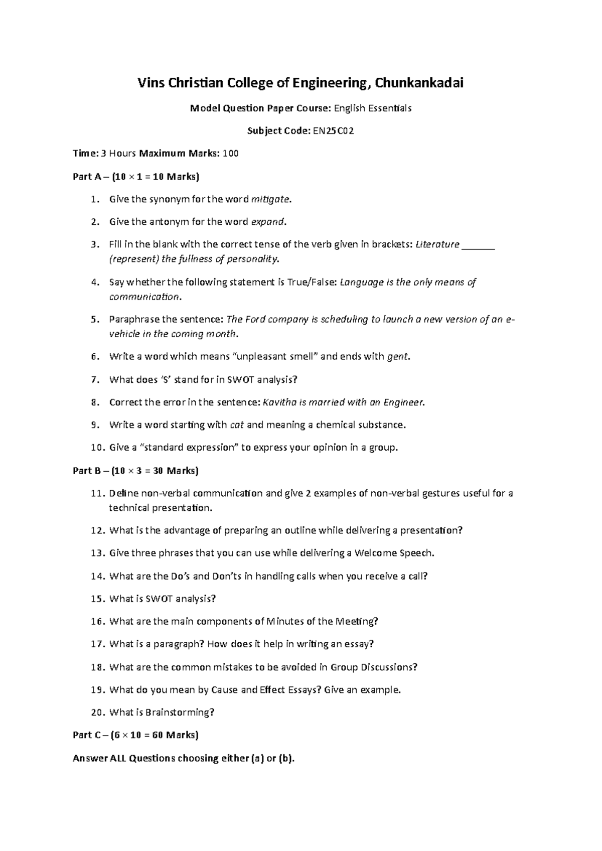 EN25C02 English Essentials Model Question Paper - Studocu