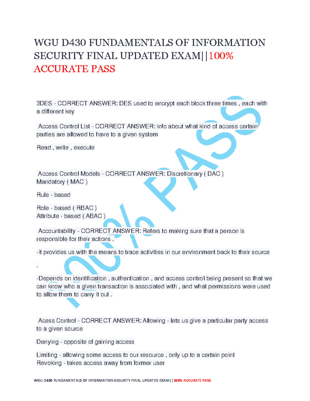 WGU D430 Fundamentals OF Information Security Final Updated EXAM 100% Accurate PASS - WGU D430 ...