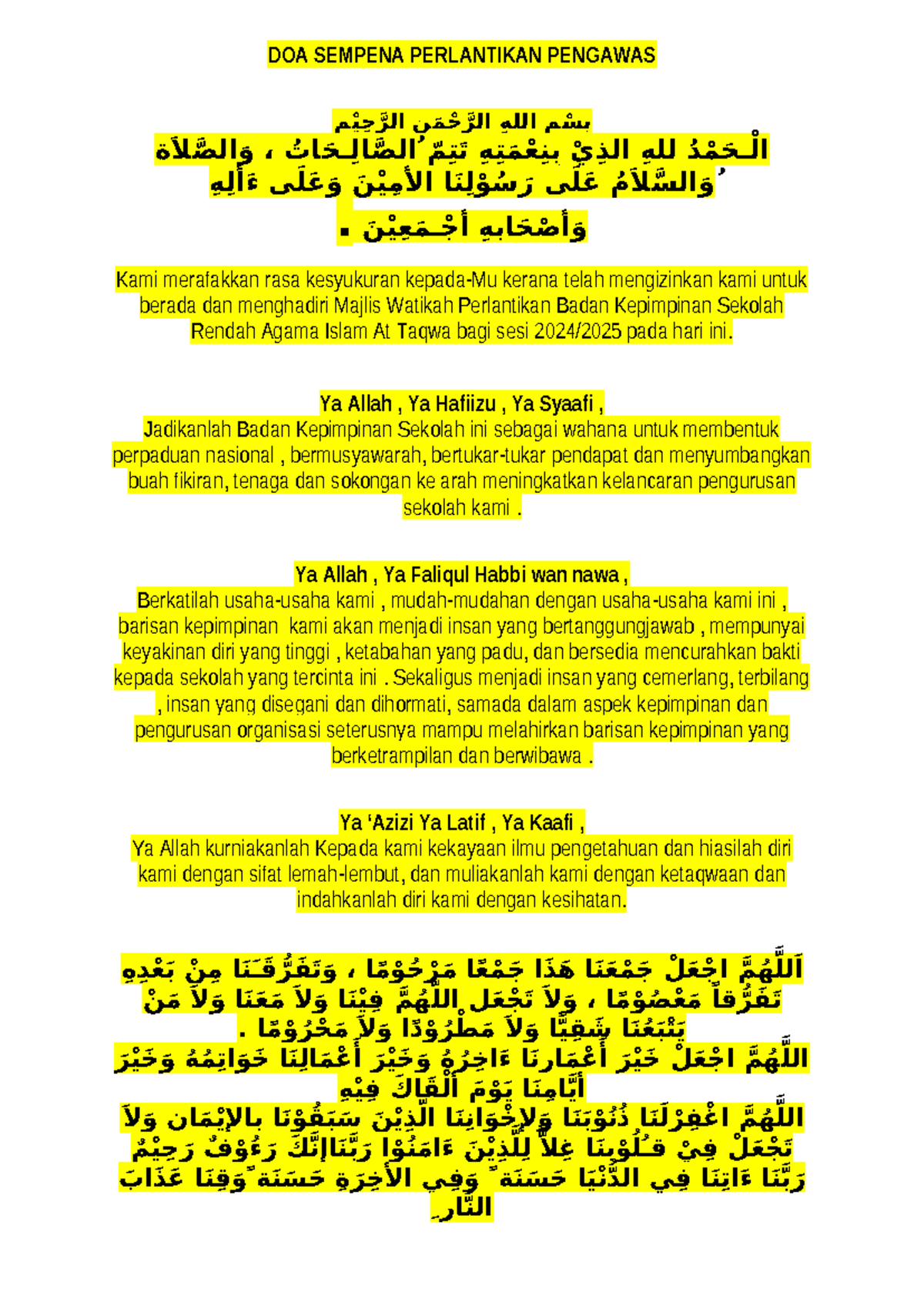 TEKS DOA Majlis Perlantikan Pengawas 2024/2025 - Studocu