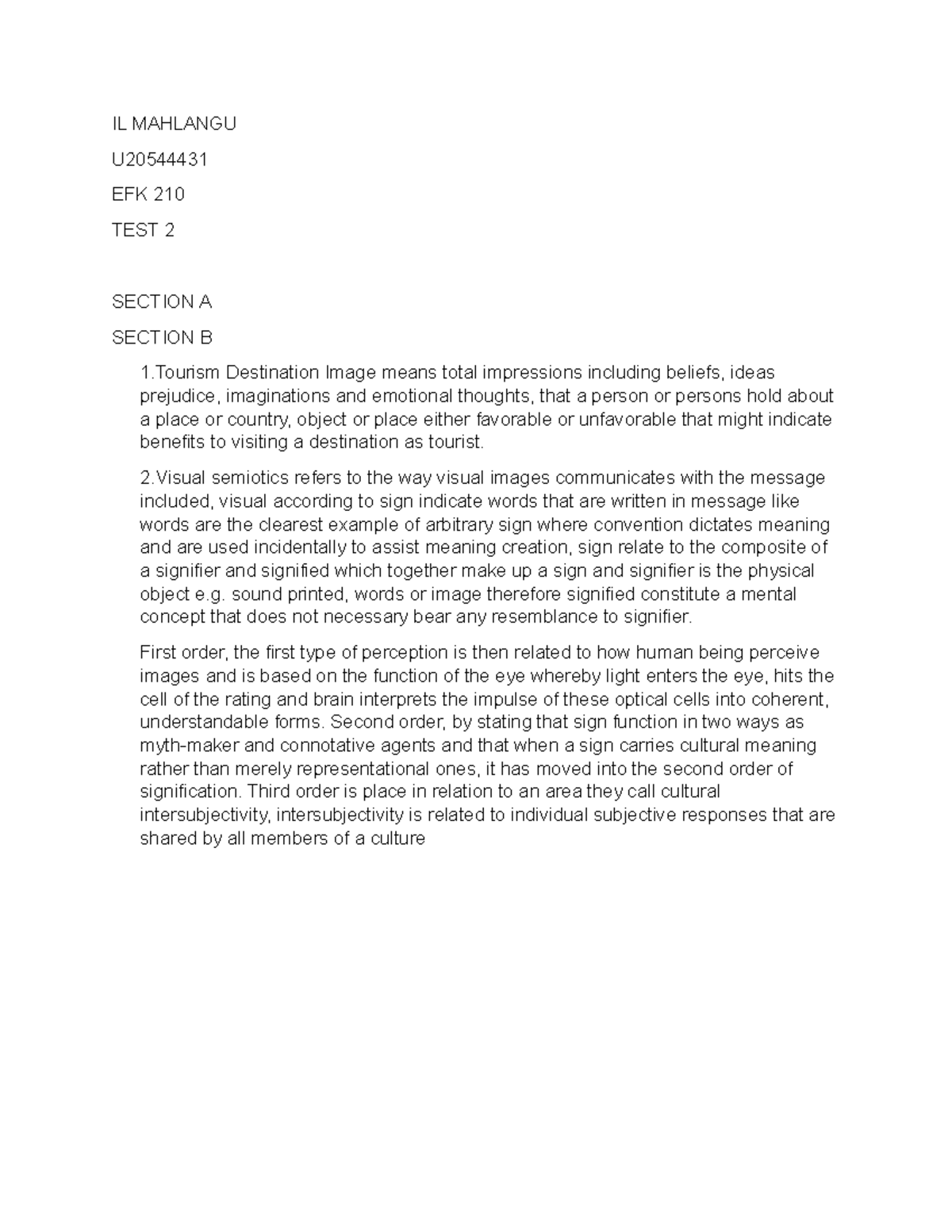 TEST2 - SEMESTER TEST - IL MAHLANGU U EFK 210 TEST 2 SECTION A SECTION ...