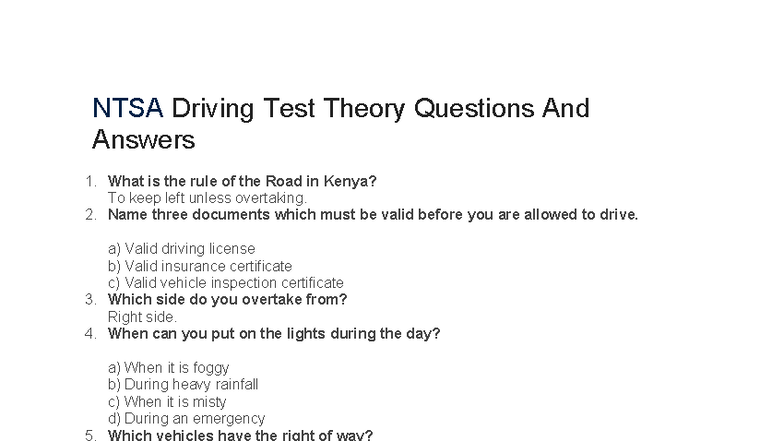 NTSA Driving Test Theory Q&A: Essential Rules & Guidelines - Studocu