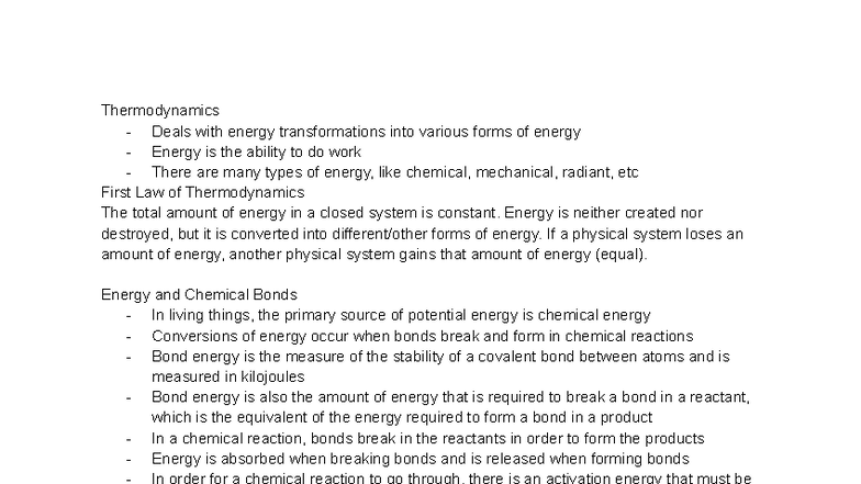 Thermodynamics and Energy Transformations - Bio Review Notes - Studocu