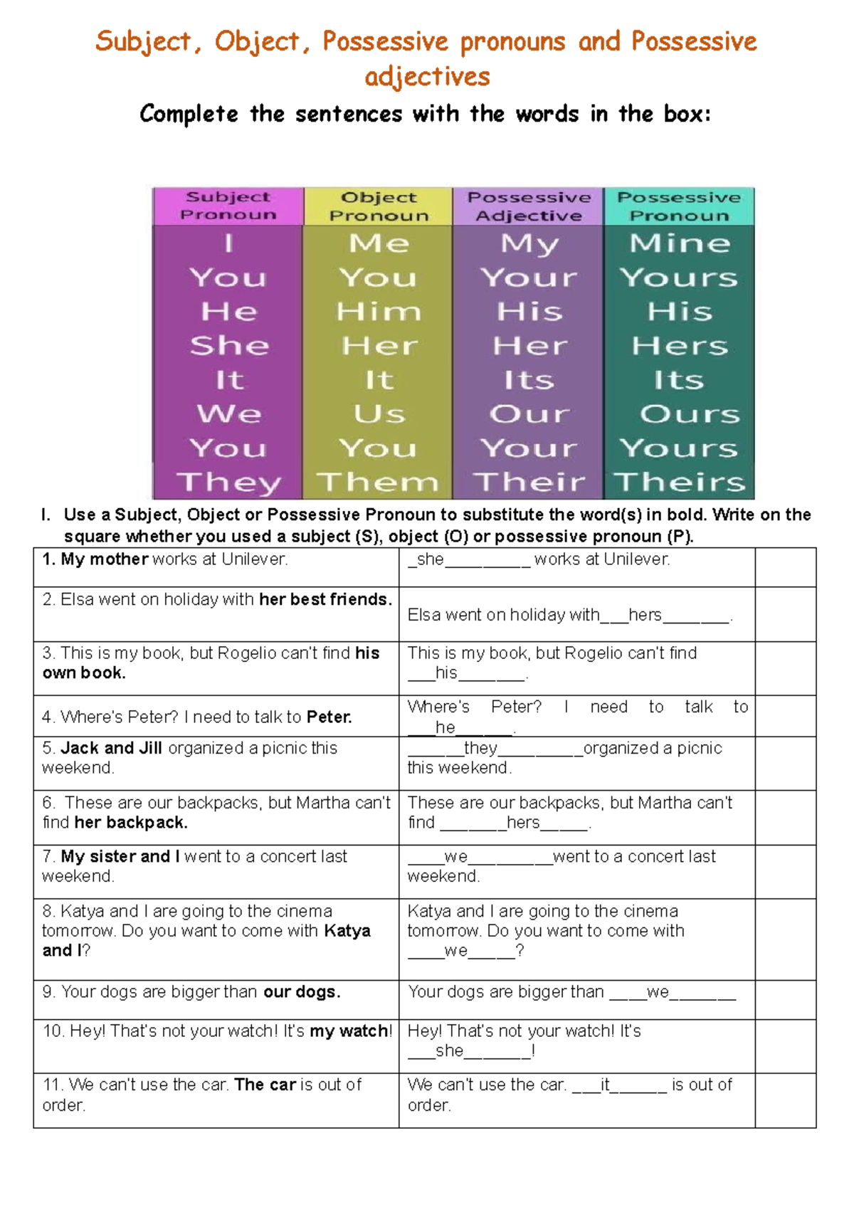 Subject, Object, and Possessive Pronouns Practice Exercises (ENG 101 ...