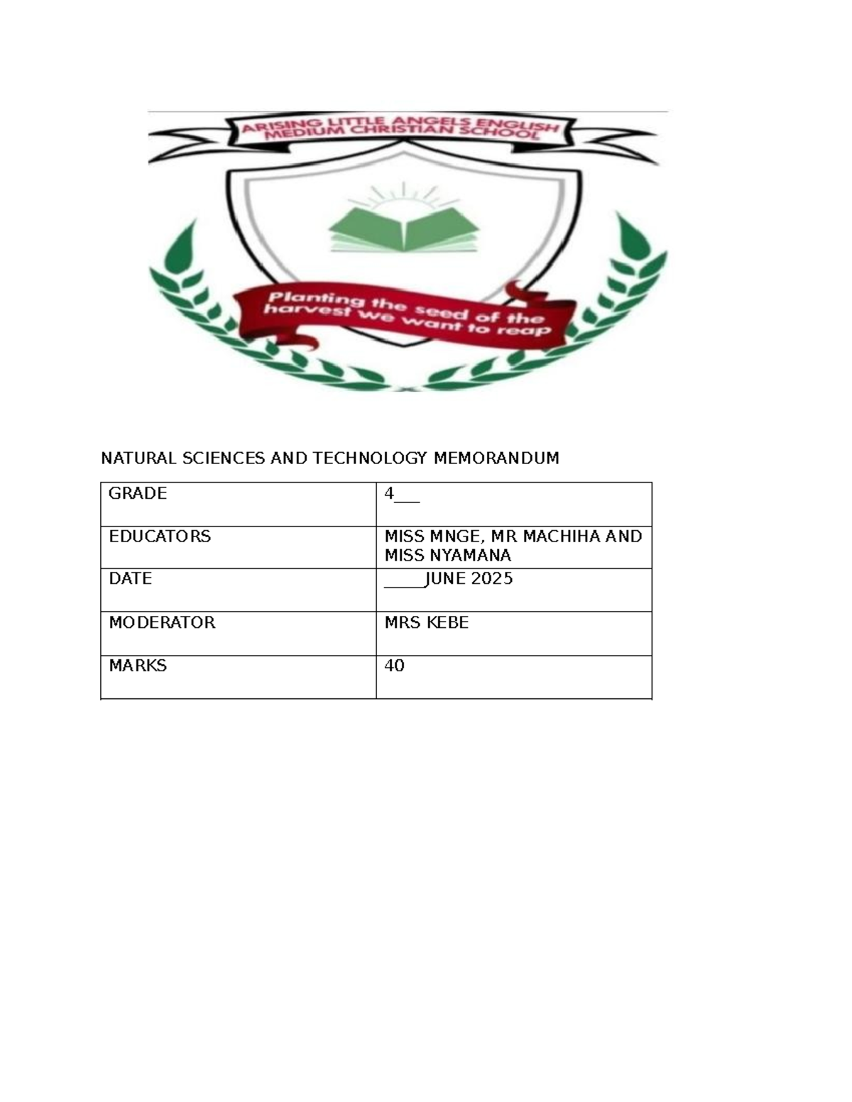 NST Grade 4 Exam Memorandum - Natural Sciences & Technology 2025 - Studocu